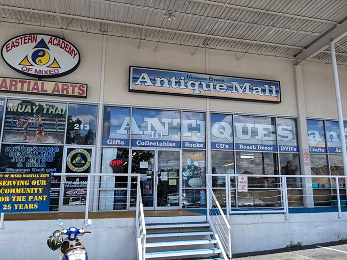 The unassuming storefront belies the treasure trove within – like finding a portal to the past hiding in plain sight at a suburban strip mall.