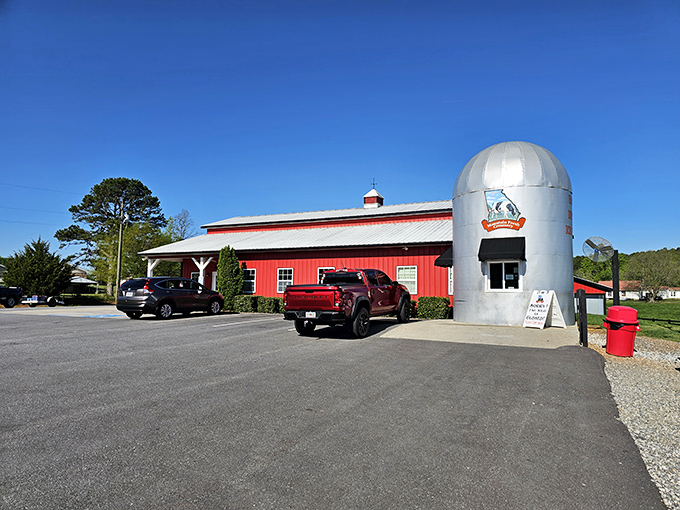 The iconic red barn and silver silo of Mountain Fresh Creamery stand like a dairy dreamscape against Georgia's blue sky&mdash;rural Americana at its most delicious.