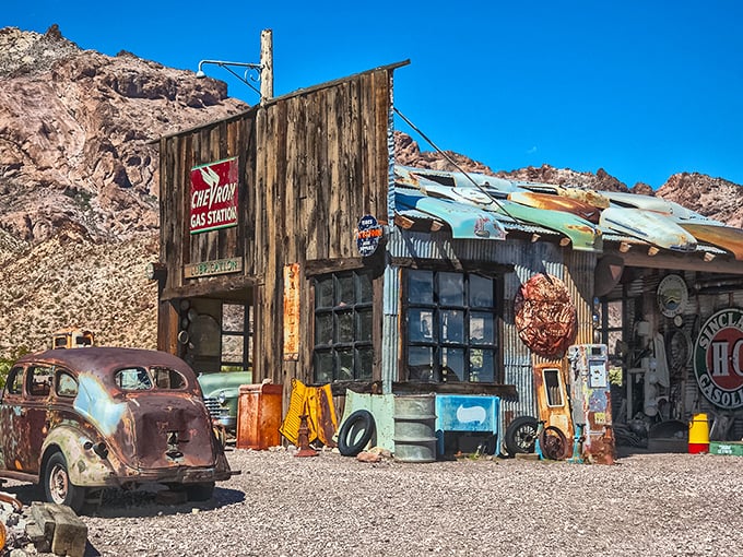 The Chevron gas station that time forgot. Rusty pumps and weathered wood tell stories of road trips from an era when gas cost pennies per gallon.