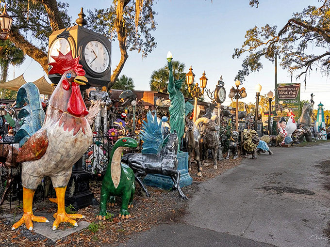A colorful concrete rooster stands guard at the entrance, as if to announce: "Welcome to the most gloriously eccentric roadside attraction in Florida!"