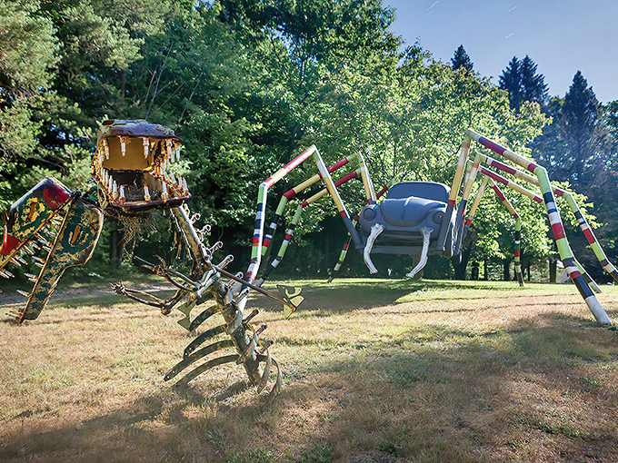 A mechanical menagerie awaits at Schaefer's Auto Art, where this spider-like creation and suspended Beetle prove that one man's junk is another's masterpiece.