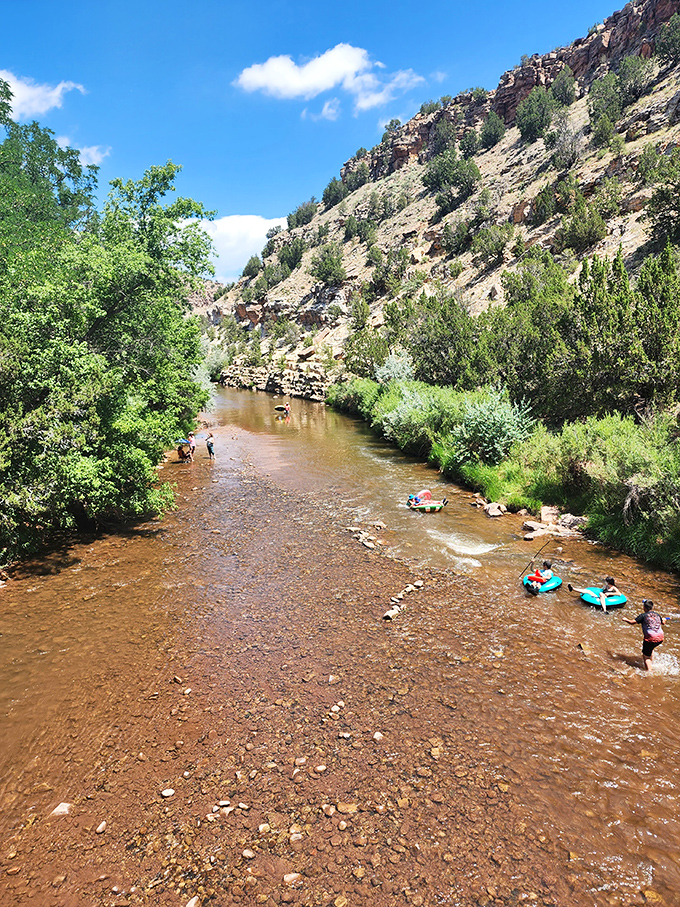 Nature's perfect swimming hole! The Pecos River carves through sandstone cliffs, creating a refreshing oasis where colorful tubes dot the gentle current like confetti on water.