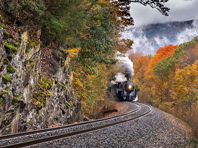 The steam locomotive curves through autumn's fiery canvas, proving that Mother Nature's art gallery is best viewed at 20 mph through the Blue Ridge Mountains.
