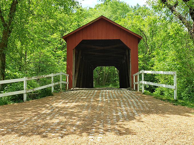 Morning sunlight plays peekaboo through the trees, illuminating the bridge's entrance like nature's own spotlight on a historical treasure.