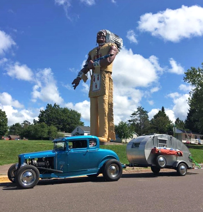 Standing tall since 1964, Hiawatha watches over Ironwood with the patience only someone made of fiberglass could maintain through Michigan's winters.