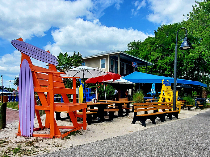 Those oversized Adirondack chairs aren't just for show &ndash; they're perfect for post-fish-and-chips relaxation while watching seaplanes land on Lake Dora.
