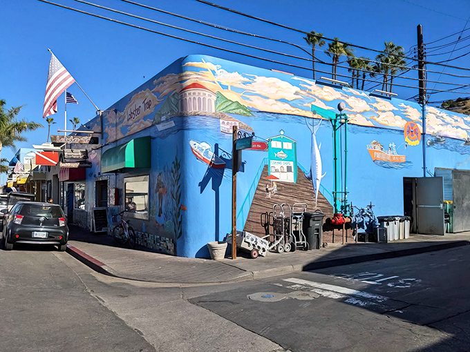 Turn the corner and the nautical mural continues, telling ocean stories that hint at the treasures waiting inside. Like a maritime storybook you can eat at.