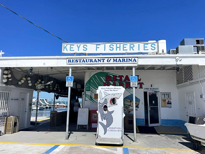 The unassuming entrance to Keys Fisheries belies the seafood treasures within. This Marathon landmark is where locals go when tourists ask, "Where do YOU eat?"