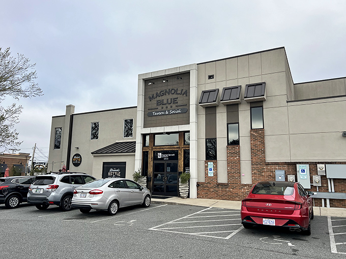 The modern facade of Magnolia Blue stands as an unassuming culinary fortress in High Point, where Southern comfort meets contemporary class.