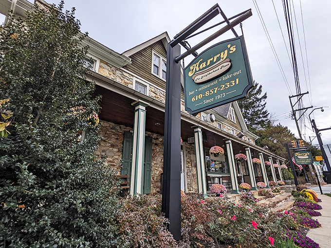 Stone walls that have witnessed a thousand celebrations stand guard outside Harry's, where flowering plants add a splash of color to Sadsburyville's dining scene.
