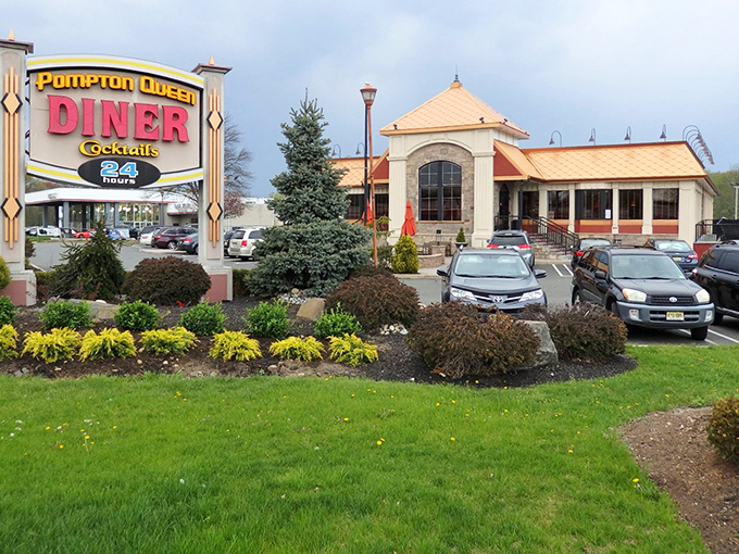 The Pompton Queen's regal exterior beckons hungry travelers with its distinctive copper roof and welcoming entrance. New Jersey diner royalty at its finest.