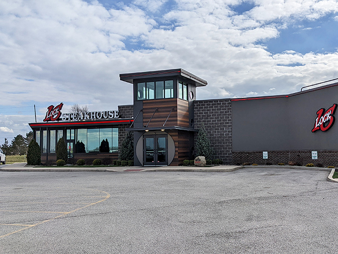 Lock Sixteen's distinctive exterior combines modern flair with rustic charm, like a steakhouse that got dressed up but still knows how to have fun.