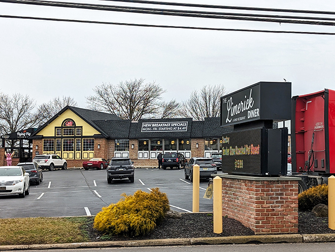 The yellow and brick exterior of Limerick Diner stands like a beacon of comfort food promise, rain or shine. Classic Pennsylvania diner architecture at its finest.