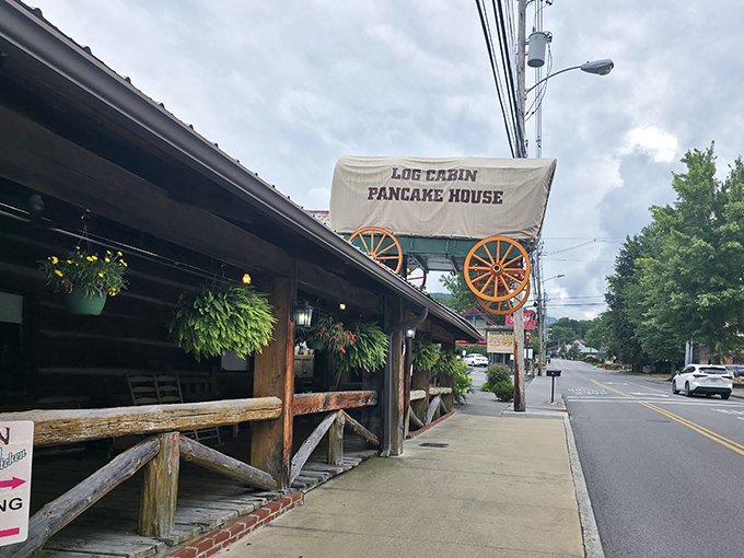 The iconic covered wagon sign welcomes hungry travelers like a beacon of breakfast hope on Gatlinburg's main drag. Ferns hang like green sentinels guarding the path to pancake paradise.
