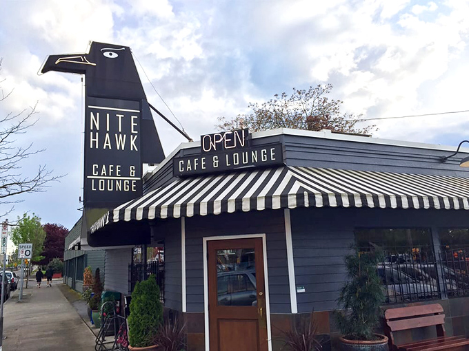 The iconic hawk-shaped sign has been guiding hungry Portlanders to breakfast nirvana for decades. Like a noir film set with better food options.