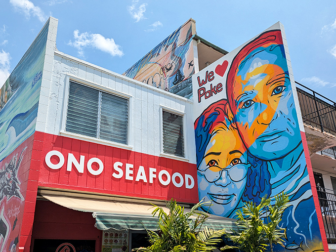 The vibrant red facade and colorful murals aren't just eye candy&mdash;they're your first clue that flavor explosions await inside this unassuming poke paradise.