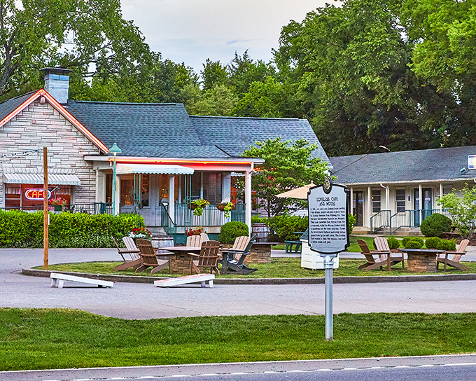 The iconic Loveless Cafe welcomes visitors with its charming country exterior and inviting porch. Southern hospitality begins before you even step inside.