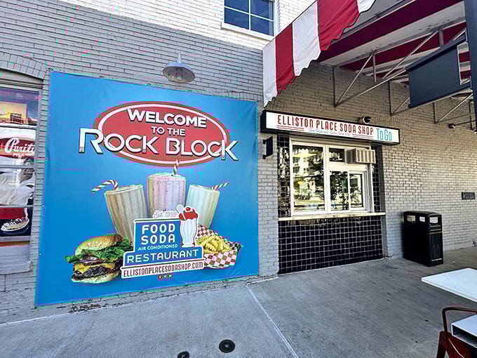 The iconic Rock Block mural welcomes hungry visitors to Elliston Place Soda Shop, Nashville's timeless comfort food haven since generations past.