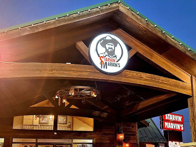 The rustic charm of Starvin Marvin's welcomes hungry travelers like a beacon of hope for empty stomachs.