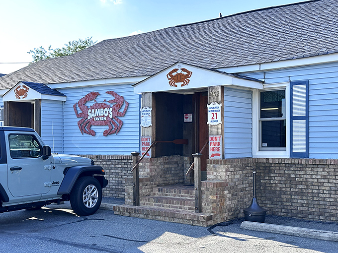Another angle reveals the tavern's no-nonsense charm&mdash;those "Don't Park Here" signs aren't kidding around, folks.