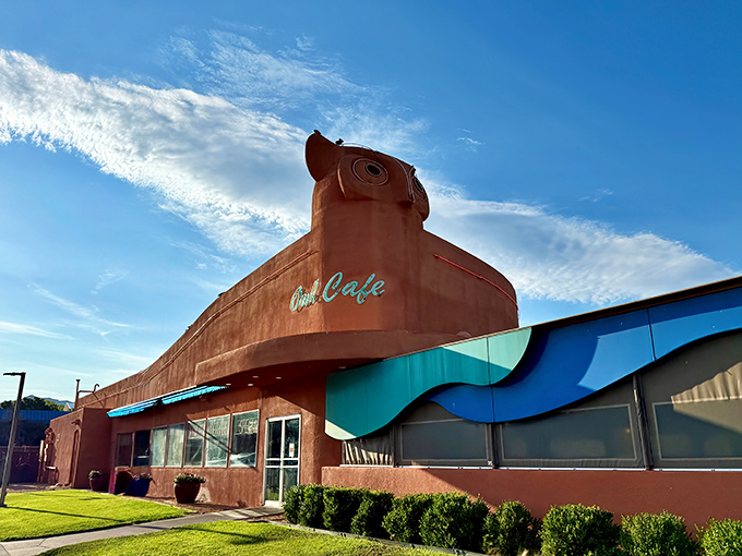 The Owl Cafe's iconic building isn't just architecture &ndash; it's a promise of comfort food that stands out against the New Mexico sky like a delicious mirage.