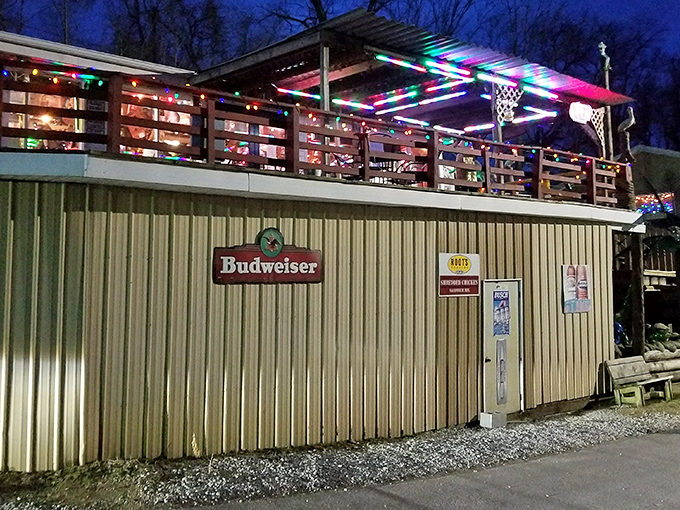 The unassuming exterior of Tackle Box 2 proves the old adage: never judge a seafood joint by its corrugated metal siding. Those colorful lights promise adventure within!
