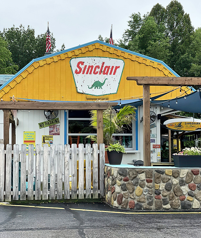The iconic yellow facade with its vintage Sinclair dinosaur sign promises a dining adventure that's anything but extinct. Pure roadside Americana lives here!