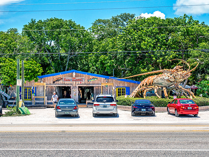 Betsy the giant lobster stands guard outside the blue-trimmed wooden buildings, announcing to Highway 1 travelers that normal Florida ends here.