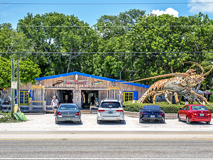 The giant lobster stands guard like a crustacean superhero, welcoming visitors to this weathered wooden wonderland of Keys creativity.