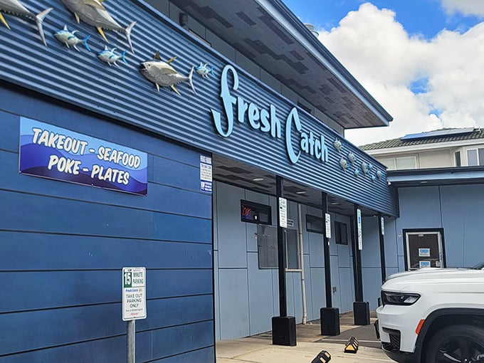 The blue exterior of Fresh Catch is like Hawaii's ocean itself—unassuming yet hiding treasures that will blow your mind.