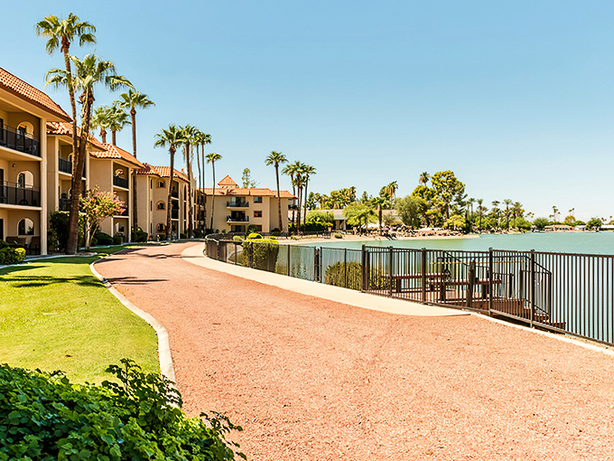 Where desert meets oasis: El Dorado's waterfront promenade offers residents a scenic walking path alongside tranquil waters, proving retirement can indeed be a walk in the park.