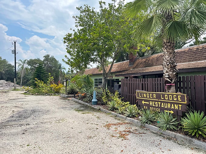 Gravel crunches underfoot as you approach this hidden gem, where palm trees stand guard over one of Florida's most wonderfully weird culinary destinations.
