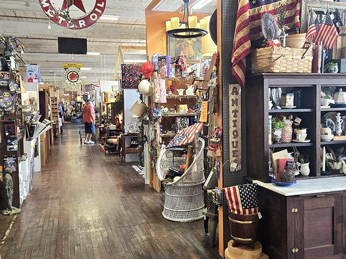 Long wooden floors stretch into infinity, lined with treasures waiting to be discovered in this brick-walled wonderland of nostalgia.