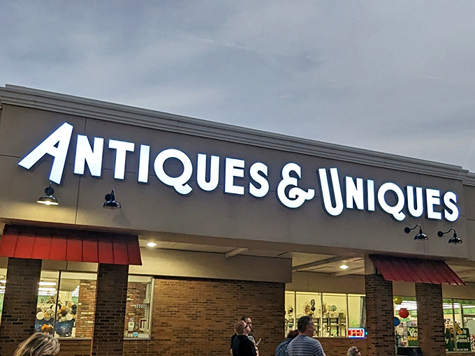 The sign glows against an overcast sky, a beacon for treasure hunters and nostalgia seekers alike.