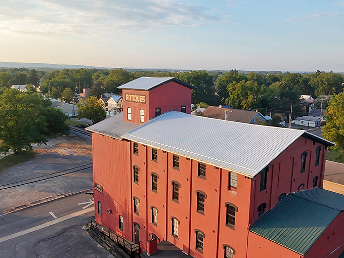 From this angle, you can see how the former mill dominates the Lewisburg landscape. That "ANTIQUES" sign isn't kidding&mdash;it's a siren call to collectors everywhere.