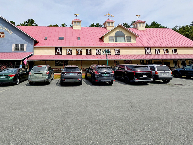 The Vermont Antique Mall stands proud with its distinctive red roof and blue exterior&mdash;like a time machine disguised as a country barn.