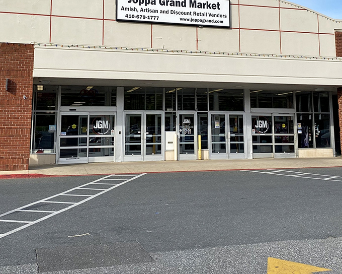 The unassuming entrance to Joppa Grand Market hides a treasure trove within, like finding a secret passage to bargain heaven in suburban Maryland.
