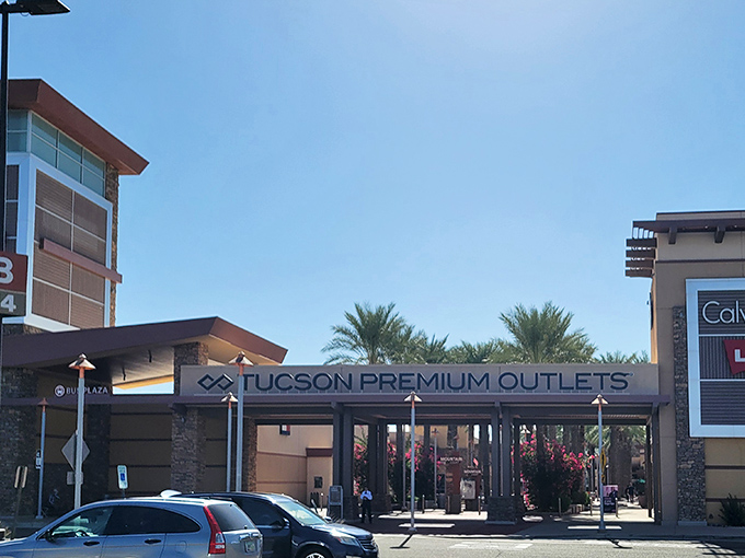 Palm trees and vibrant bougainvillea create a shopping oasis that feels more like a resort than a mall. Desert elegance meets retail therapy.