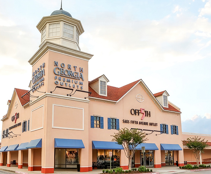 The iconic tower of North Georgia Premium Outlets stands like a beacon for bargain hunters seeking retail salvation.