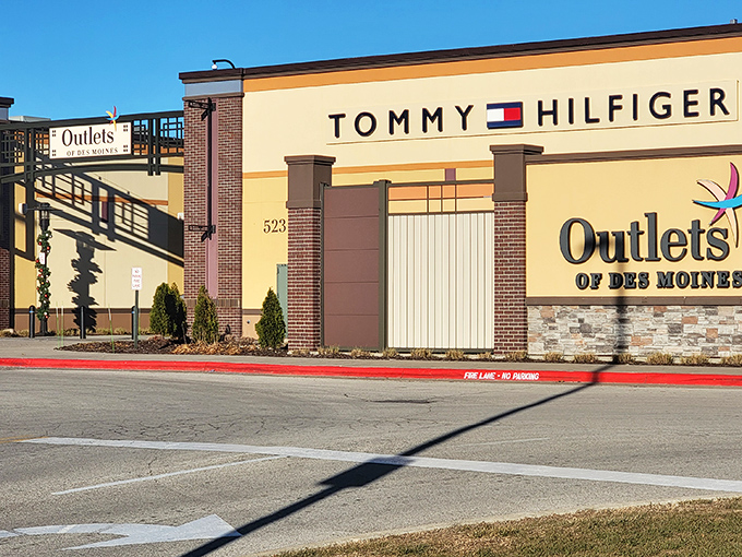Tommy Hilfiger's bold storefront stands as a beacon of preppy Americana, proving Iowa's fashion scene isn't just flannel and farm boots.