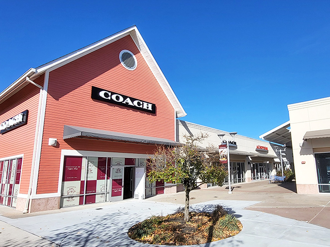 Coach's distinctive salmon-colored storefront stands out like a beacon of hope for handbag enthusiasts seeking that perfect leather companion at half the usual commitment.