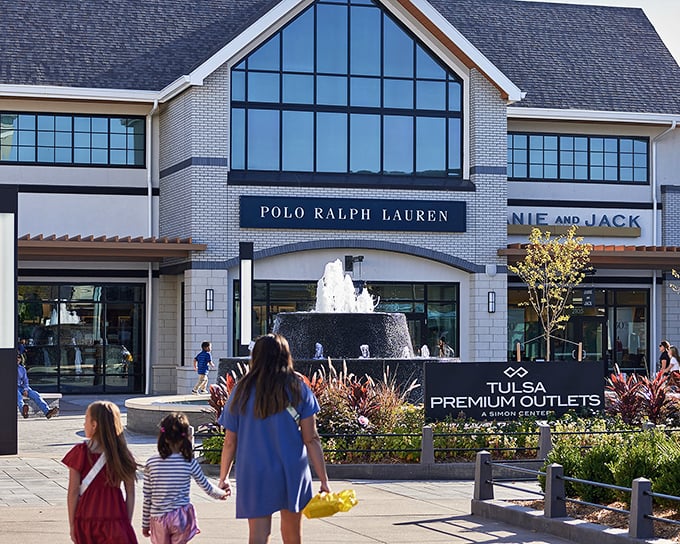 The retail promised land awaits at Tulsa Premium Outlets, where Polo Ralph Lauren stands proudly alongside a fountain that's practically begging for penny wishes.