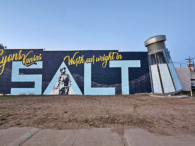 "Worth our weight in SALT" proclaims the vibrant mural, proving that Kansas knows how to take an everyday condiment and turn it into roadside royalty.