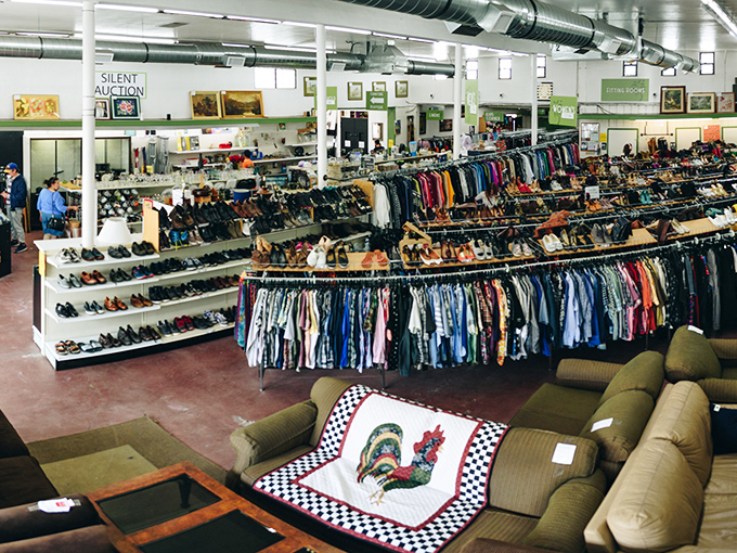 The unassuming exterior of Bridge Thrift belies the wonderland within. That palm tree seems to wave you in, promising treasures await.