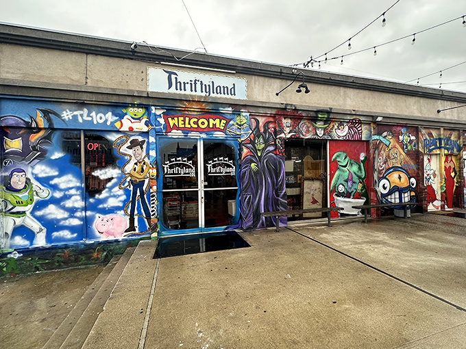 The cartoon-covered facade of Thriftyland101 stands as a vibrant beacon for bargain hunters, promising Disney magic without the premium price tag.