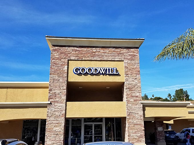 Blue skies frame this thrift store gem, where your wallet stays as happy as the California sunshine.