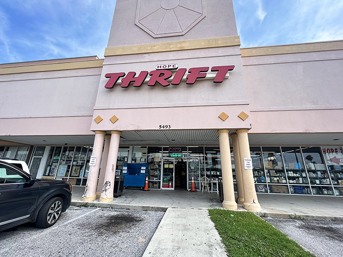 The unassuming storefront of Hope Thrift beckons bargain hunters with its bold red signage&mdash;a retail treasure chest disguised as just another strip mall tenant.