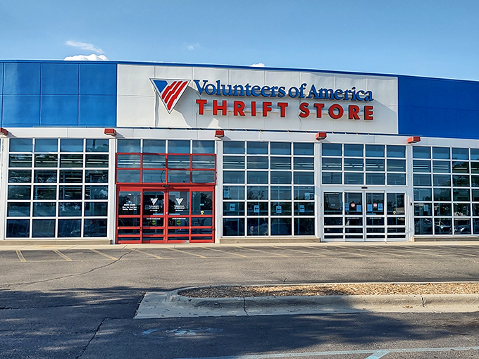 The blue and red facade of VOA Thrift Store in Westland stands like a treasure chest waiting to be opened&mdash;retail therapy without the financial hangover.