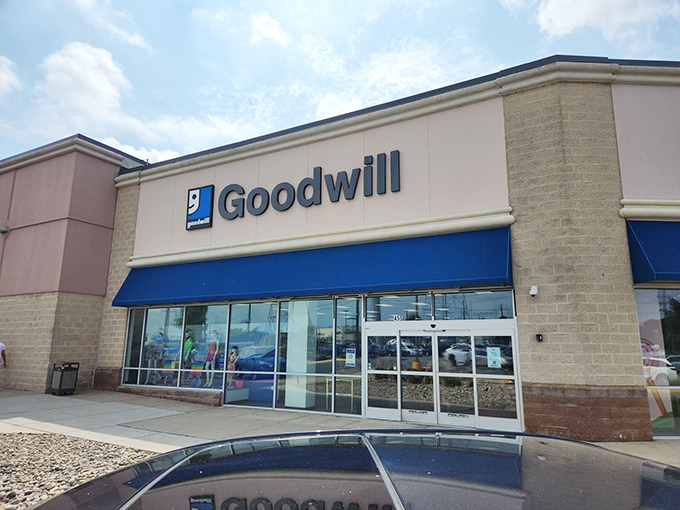 The blue awning beckons like a beacon of budget-friendly brilliance in suburban New Jersey shopping paradise.