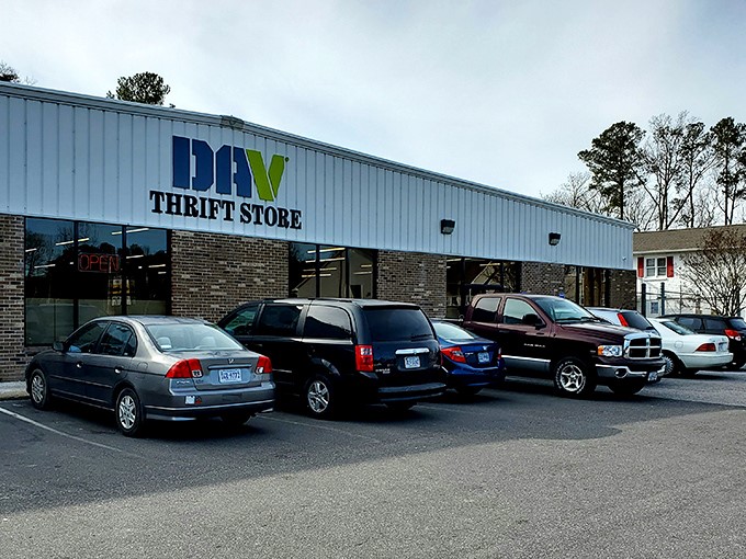 The DAV Thrift Store's iconic blue and green sign beckons bargain hunters like a lighthouse for the budget-conscious shopper.